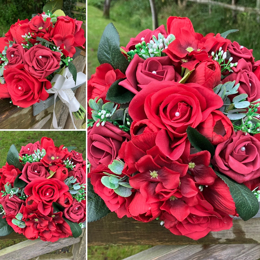 a wedding bouquet of artificial red silk roses & tulip flowers ...