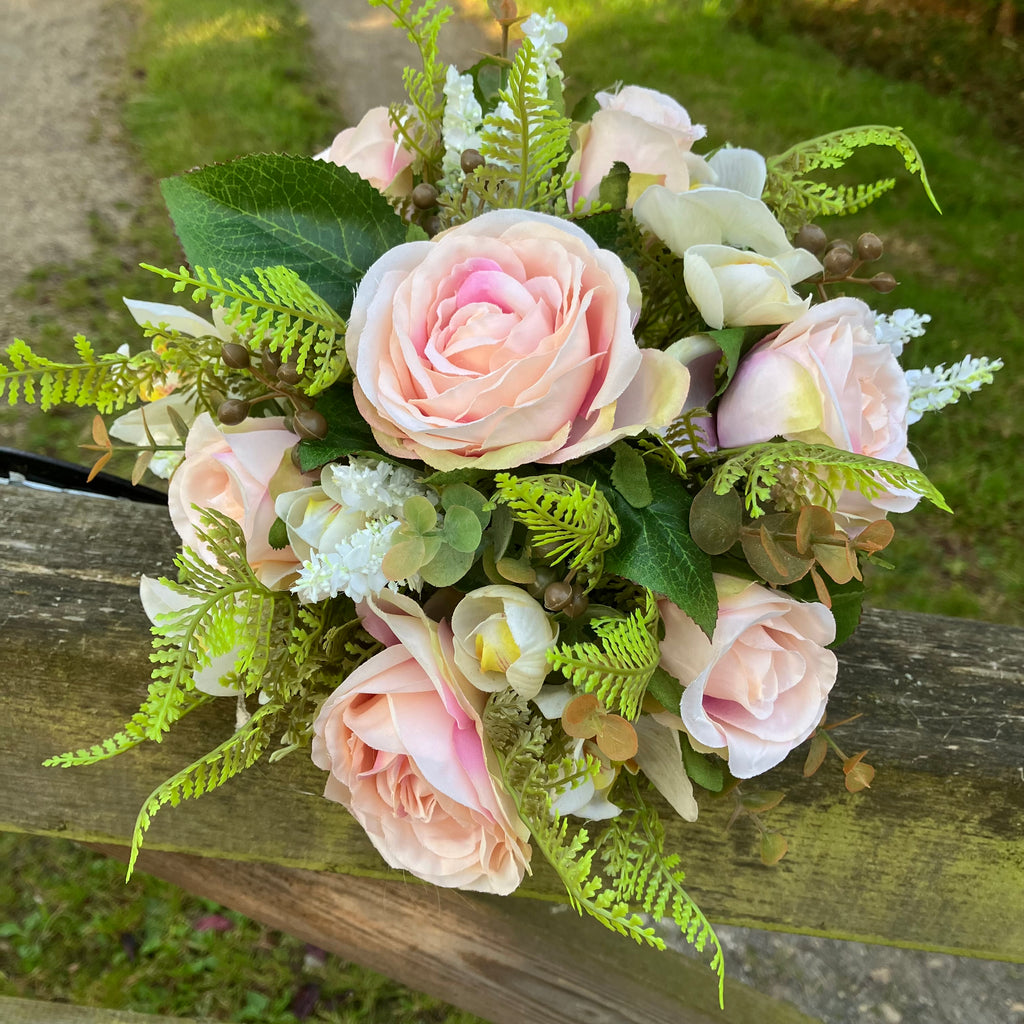 A brides bouquet featuring blush peach silk roses & orchids – AbigailRose