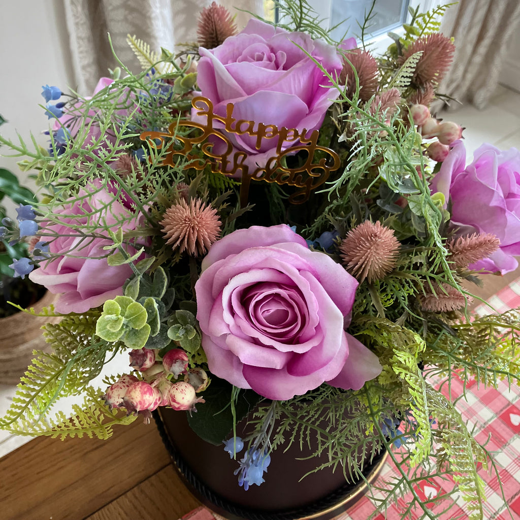 XL flower arrangement of large luxury roses and thistles in hat box ...