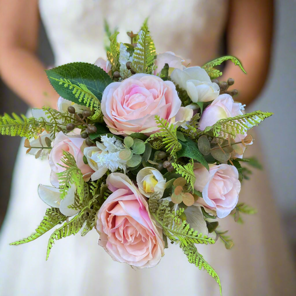 A brides bouquet featuring blush peach silk roses & orchids – AbigailRose