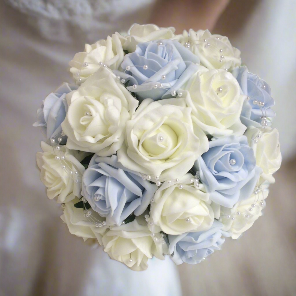 A wedding bouquet of baby blue & ivory foam roses with pearls – AbigailRose