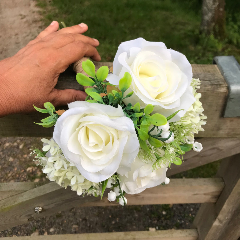 A wedding bouquet collection of ivory silk roses & Lily of the Valley ...