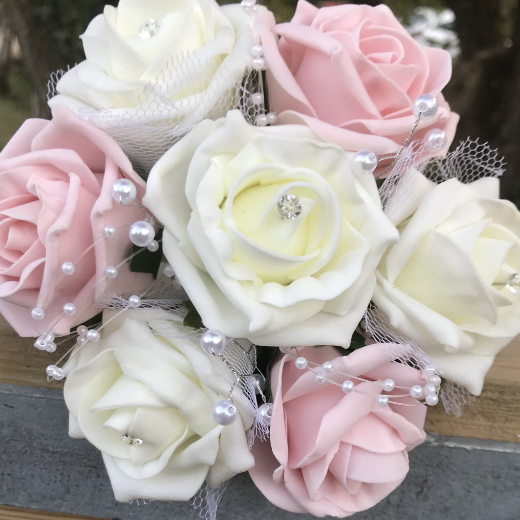 wedding bouquet collection of ivory & pink roses, diamante & pearls ...