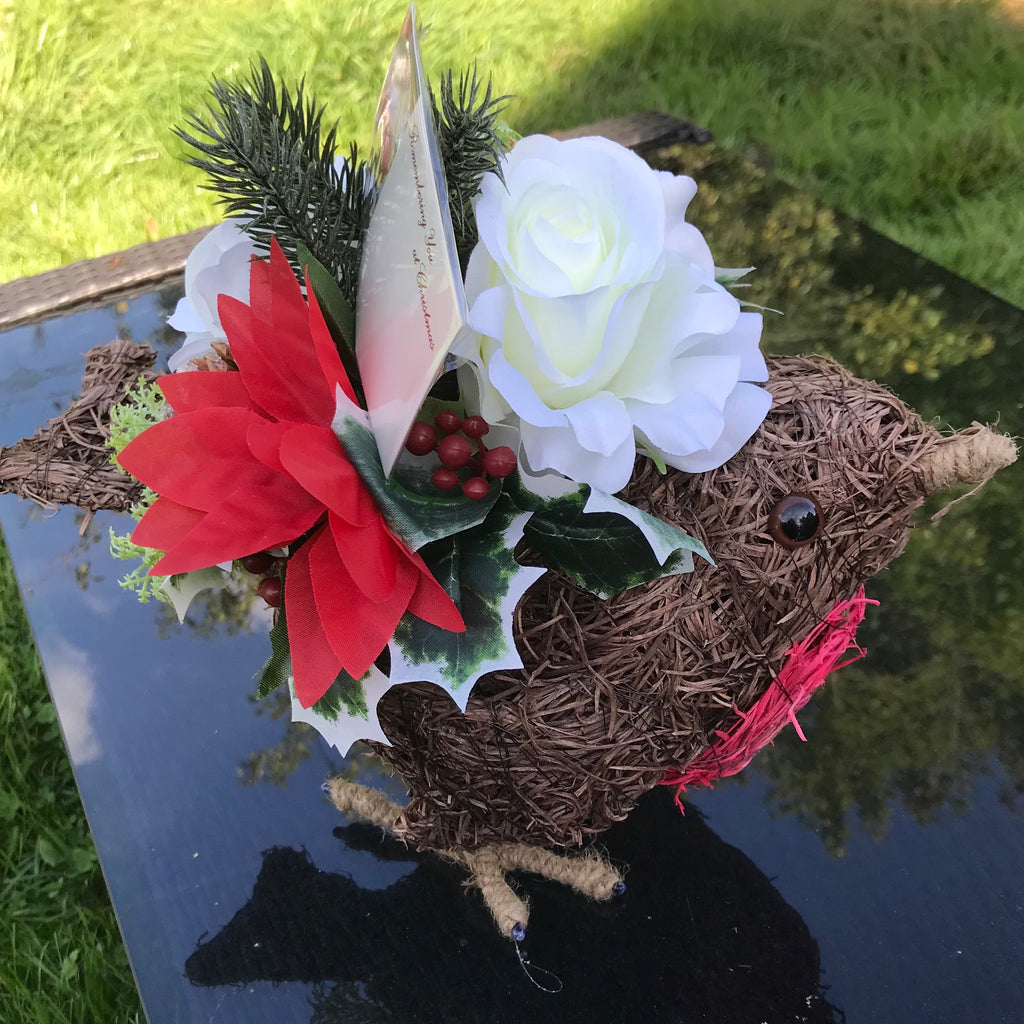 Christmas Robin Memorial Arrangement Graveside Tribute with Red Poinse ...