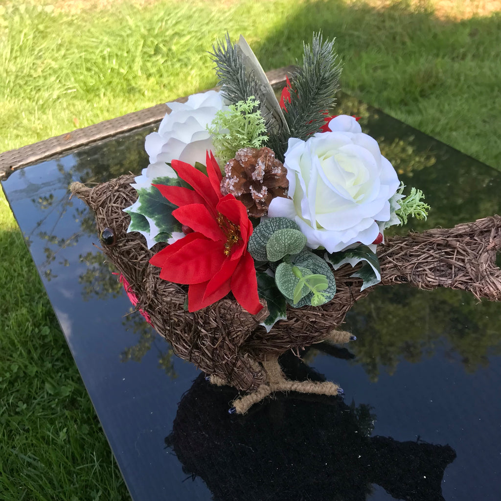 Christmas Robin Memorial Arrangement Graveside Tribute with Red Poinse ...