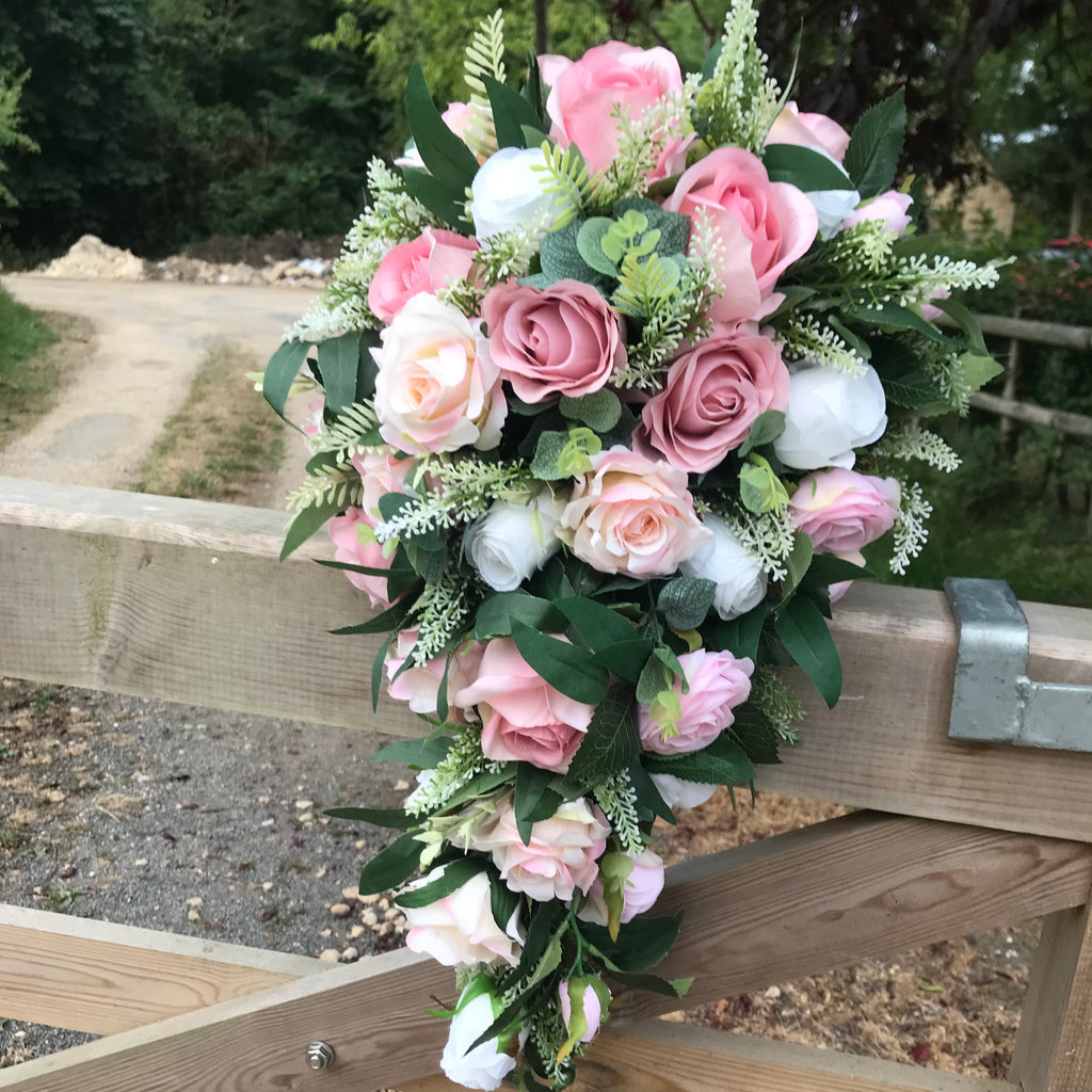 A teardrop bouquet of artificial pink and white roses – AbigailRose